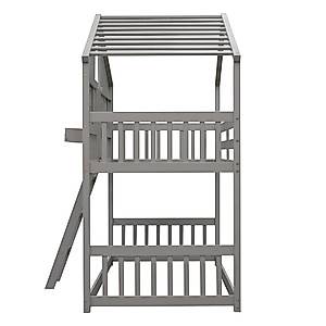 Rovibek House Bunk Beds for Kids Twin Over Twin with Stairs Wood Farmhouse with Door Windows Ladder, No Box Spring Needed, Easy Assembly, Grey
