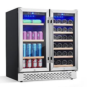 GarveeHome Wine and Beverage Refrigerator - 28 Bottles and 80 Cans, Dual Zone, Glass Door, Adjustable Shelves, with Lock, Digital Temperature Control, Freestanding/Built-in