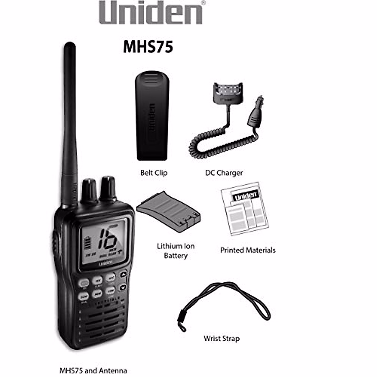 Uniden MHS75 Waterproof Handheld 2-Way VHF Marine radio, Submersible, Selectable 1/2.5/5 Watt Transmit Power. All USA/International and Canadian Marine Channels - Color Black