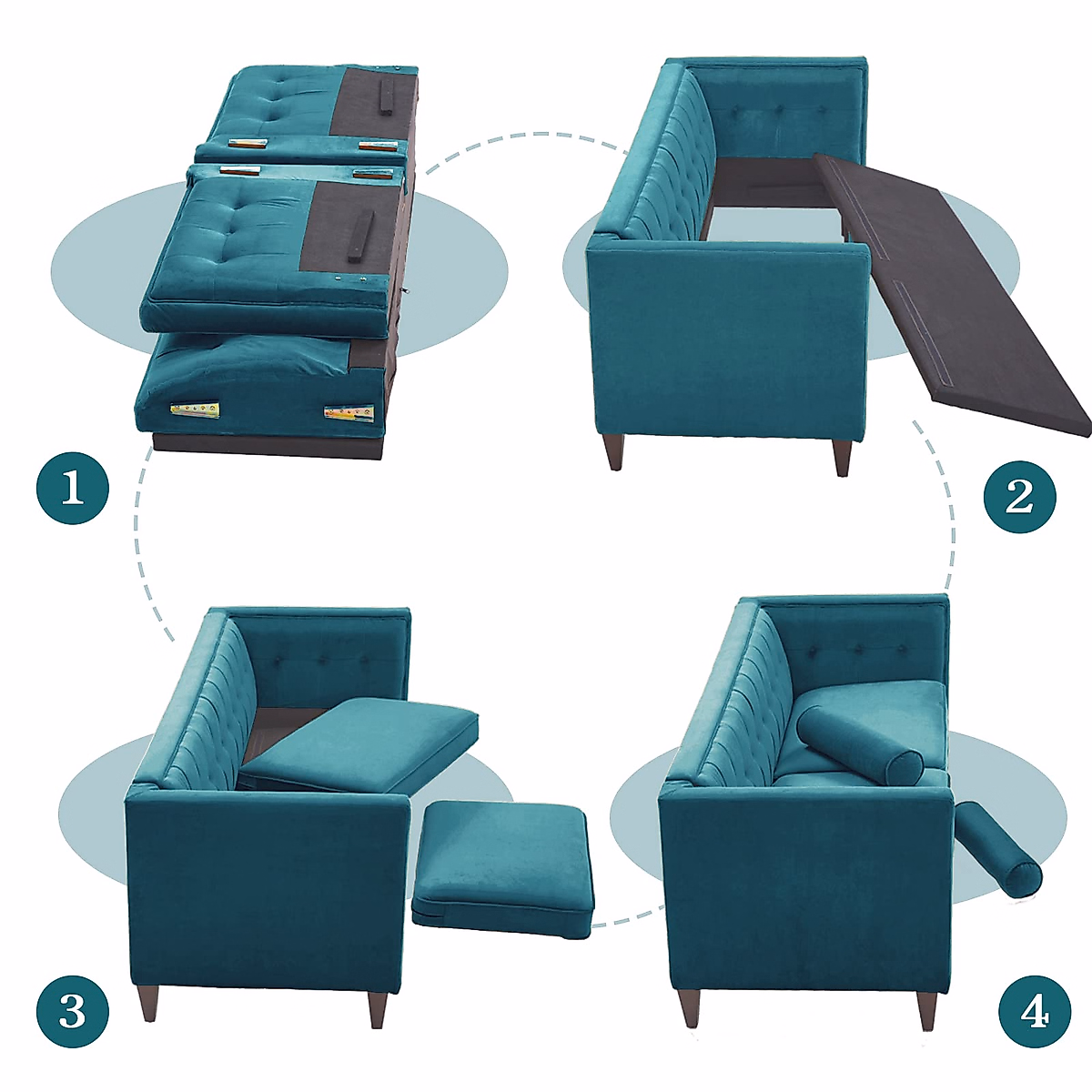 Dreamsir 78'' W Velvet Sofa, Mid-Century Love Seats Sofa Furniture with Bolster Pillows, Button Tufted Couch for Living Room, Tool-Free Assembly (Sofa, Peacock Blue)