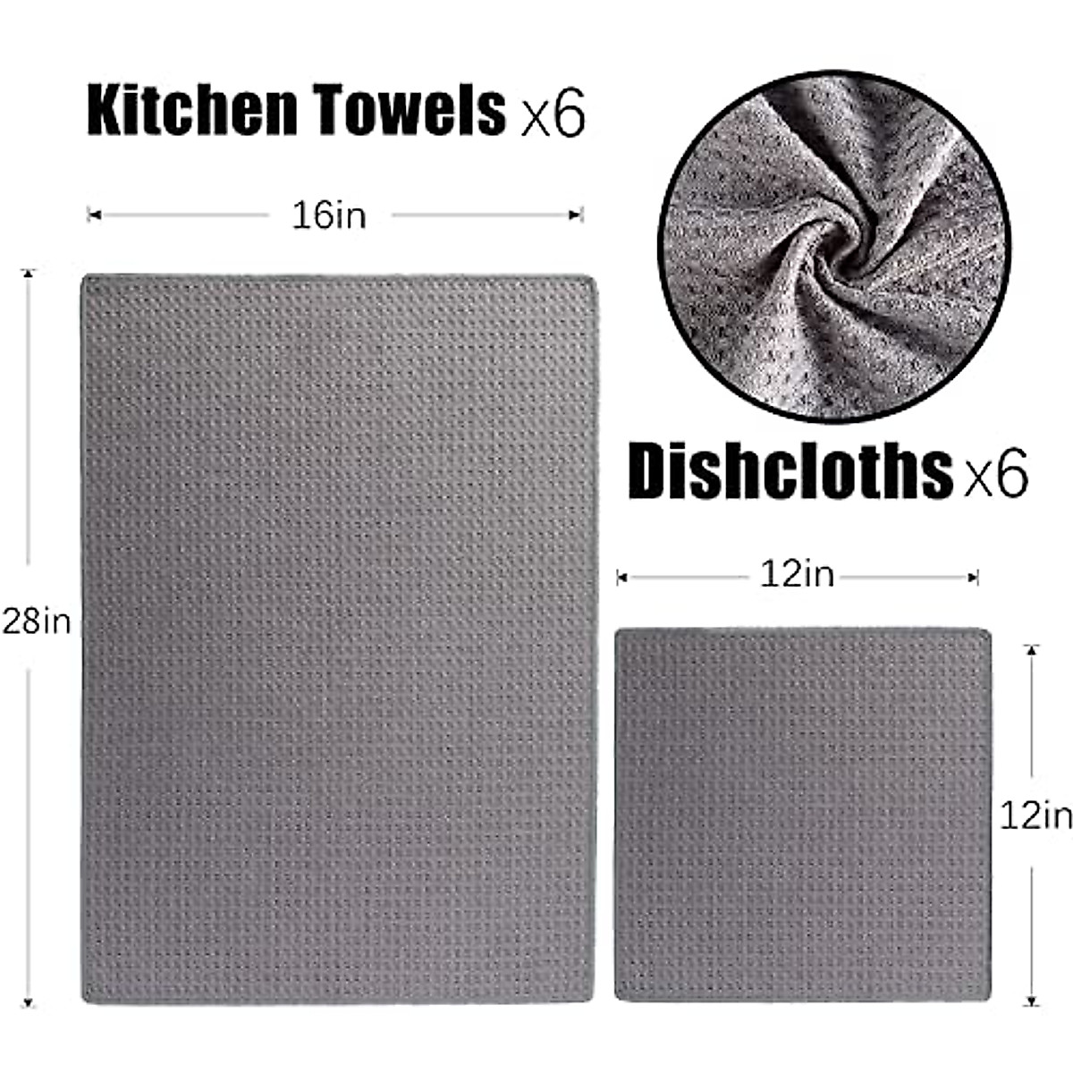 Vnoss Waffle Weave Microfiber Kitchen Towels and Dishcloths Set, 26 X 18 Inch and 12 X 12 Inch, Set of 10 Gray Lint Free Dish Towels for Drying Dishes
