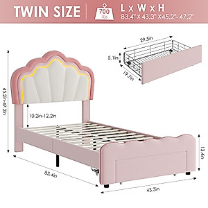 HOSTACK Twin Upholstered LED Bed Frame with Storage Drawer, Cute Girls Bed with Adjustable Lotus Headboard, Velvet Princess Platform Bed Frame, Wooden Slats Support, No Box Spring Needed, Pink/Beige