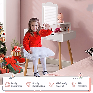 HONEY JOY Kids Vanity, Toddler Dressing Table & Chair for Bedroom, 2 Storage Drawer & Square Mirror, Princess Makeup Vanity Set for Little Girls Age 3+, Wood Girls Vanity Set w/Stool (White)