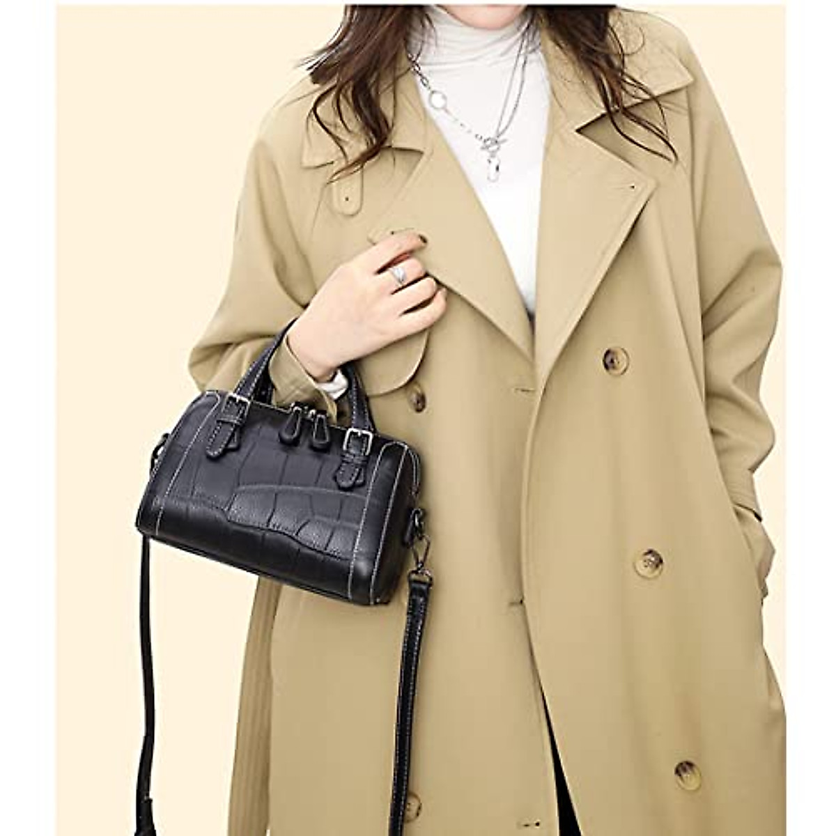 Cow Leather Satchel Handbag for Women Top Handle Crossbody Bag Small Barrel Purses Ladies Tote Shoulder Bag (Black)