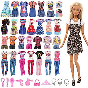 BARWA 18 Pack Doll Clothes and Accessories Including 4 Fashion Dresses 4 Sets Casual Outfits Tops and Trousers, Shorts 10 Bag Crown Necklace for 11.5 inch Girl Dolls…