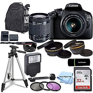 Canon Intl. Canon EOS 2000D / Rebel T7 DSLR Camera with EF-S 18-55mm Zoom Lens + SanDisk 32GB Memory Card + Tripod + Case + Wideangle Lenses + Rtech Digital Cloth (20pc Bundle), Black, (Renewed)
