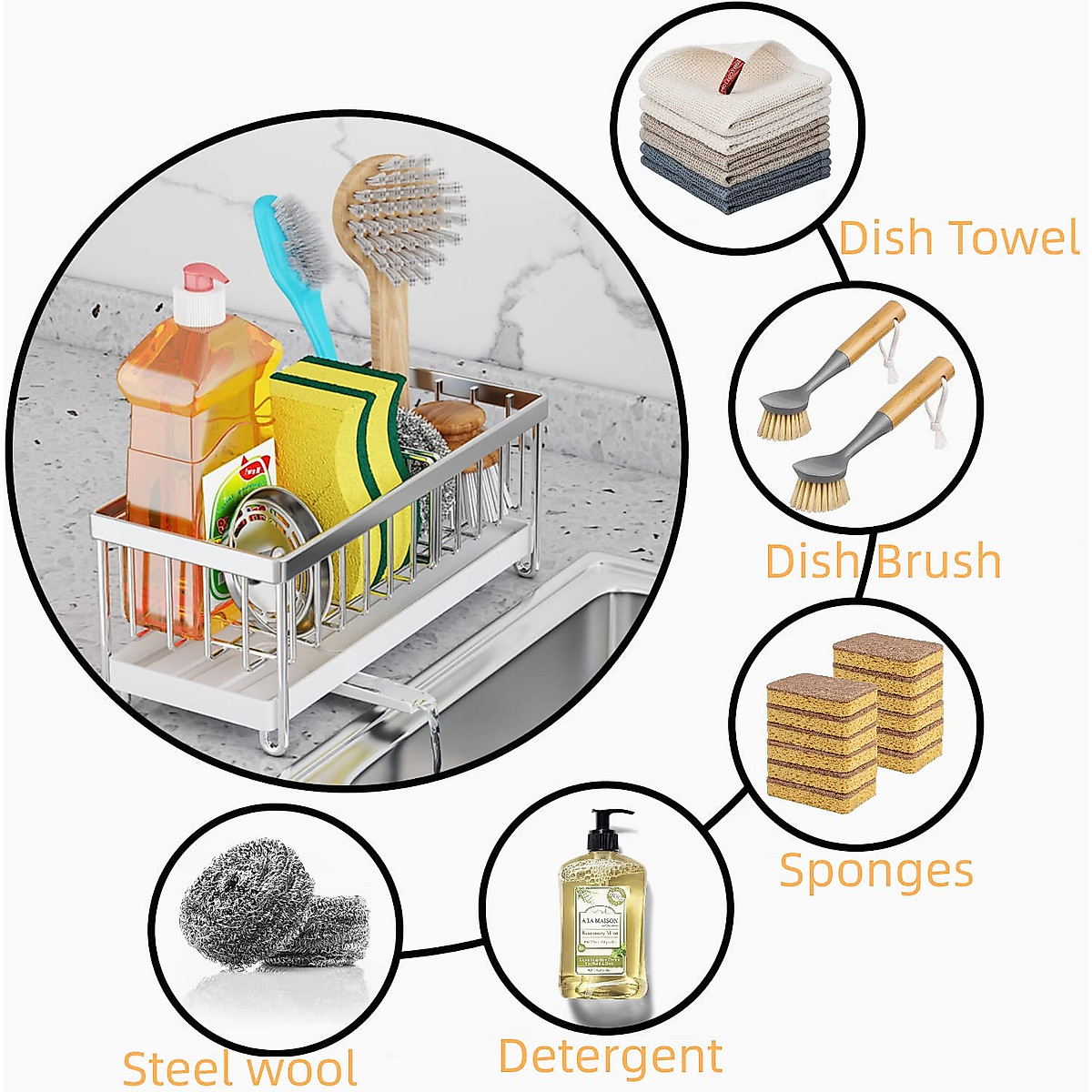 DMJWAN Kitchen Sink Caddy Sponge Holder Sink Caddy Organizer, 304 Stainless Steel Holder for Sink,Countertop with Removable Drain Tray with Diversion Drainage