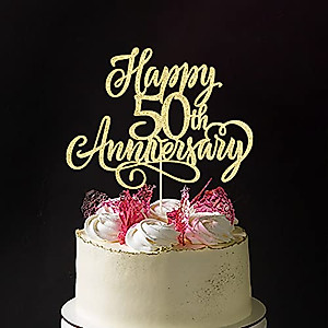 AROKIPPRY Happy 50th Anniversary Cake Topper - for 50th Wedding Anniversary/gold Wedding Party /50th Birthday Party gold Glitter Decorations