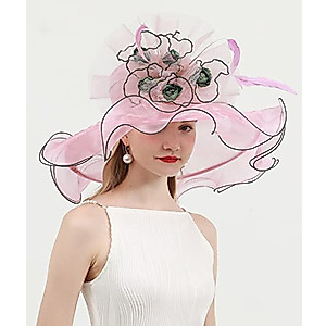 TLMNU Women Derby Church Hat Organza Flower Wedding Tea Party Fascinator Hat Wide Brim Sun Hat A2-Pink with Flower