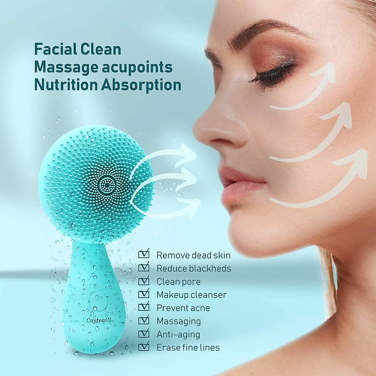 Caytraill Facial Cleansing Brush- Face Brush – 4 Function Modes – Rotating Magnetic Beads – Waterproof & Rechargeable – Portable & Ergonomic Handle – Skin Rejuvenation&Cleansing&Massage (Cyan)