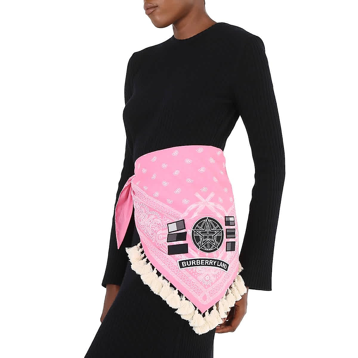 BURBERRY Candy Pink Badge Applique Tassel Cotton Bandana Scarf
