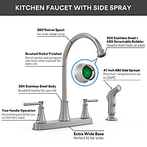 GOWIN Brushed Nickel Kitchen Faucet with Side Sprayer, 2-Handle High Arc 3 or 4 Holes 8 Inch Centerset Kitchen Sink Faucet for Rv Camper Sinks,Stainless Steel Farmhouse Faucet