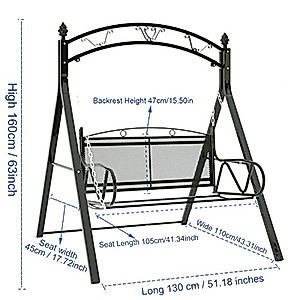 Metal Porch Swing, 2-Person Hanging Patio Swing Chair with Thick Cushions and Decorations, Outdoors Heavy Duty Swing Chair Bench for Gardens, Yards, Deck, Backyard, 660 lb Weight Capacity, Brass