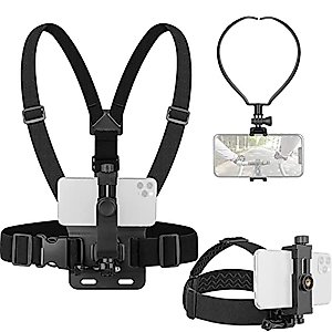 ChromLives Phone Strap Mount Set, Phone Chest Strap Mount+Phone Head Mount +Phone Neck Holder,3 in 1 Hands Free Phone Holder for Neck Head Chest Compatible with iPhone,Gopro Hero and More