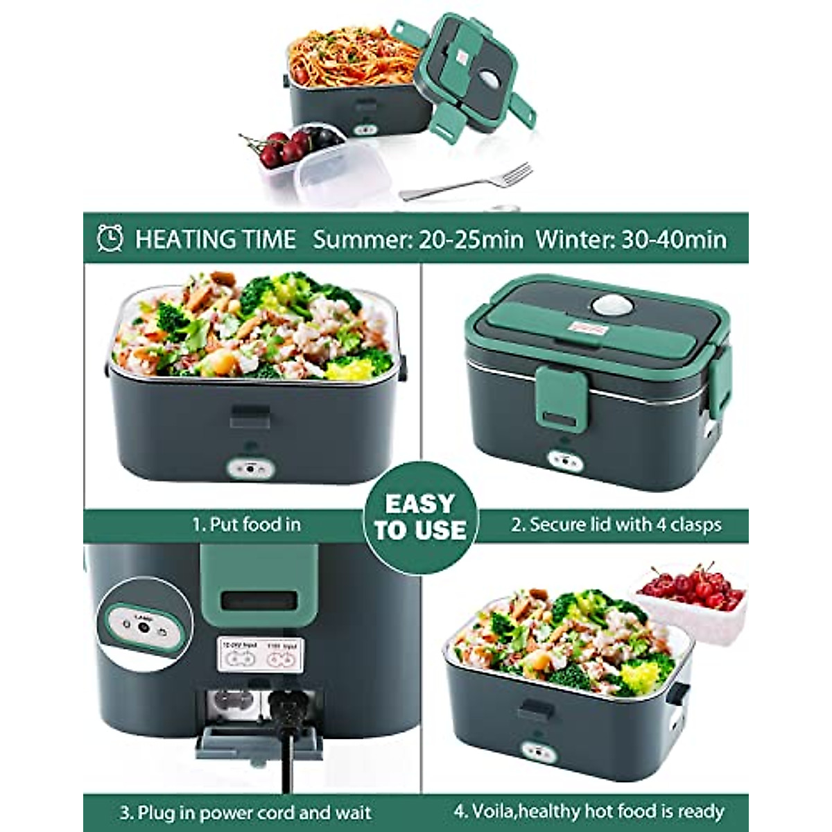 70W Faster Electric Heated Lunch Box[2023 Upgrade], Car Truck Food Warmer, 1.8L Larger Capacity 304 Stainless Steel Container for Car and Home/Office, with Carry Bag and Fork & Spoon (Grey+Green)