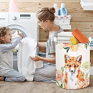Clastyle 45L Fox Pink Flowers Laundry Basket with Handle Spring Garden Blossom Floral Laundry Hamper with Drawstring Cute Animal Round Toy Clothes Storage Basket for Bedroom, 14.2x17.7 in
