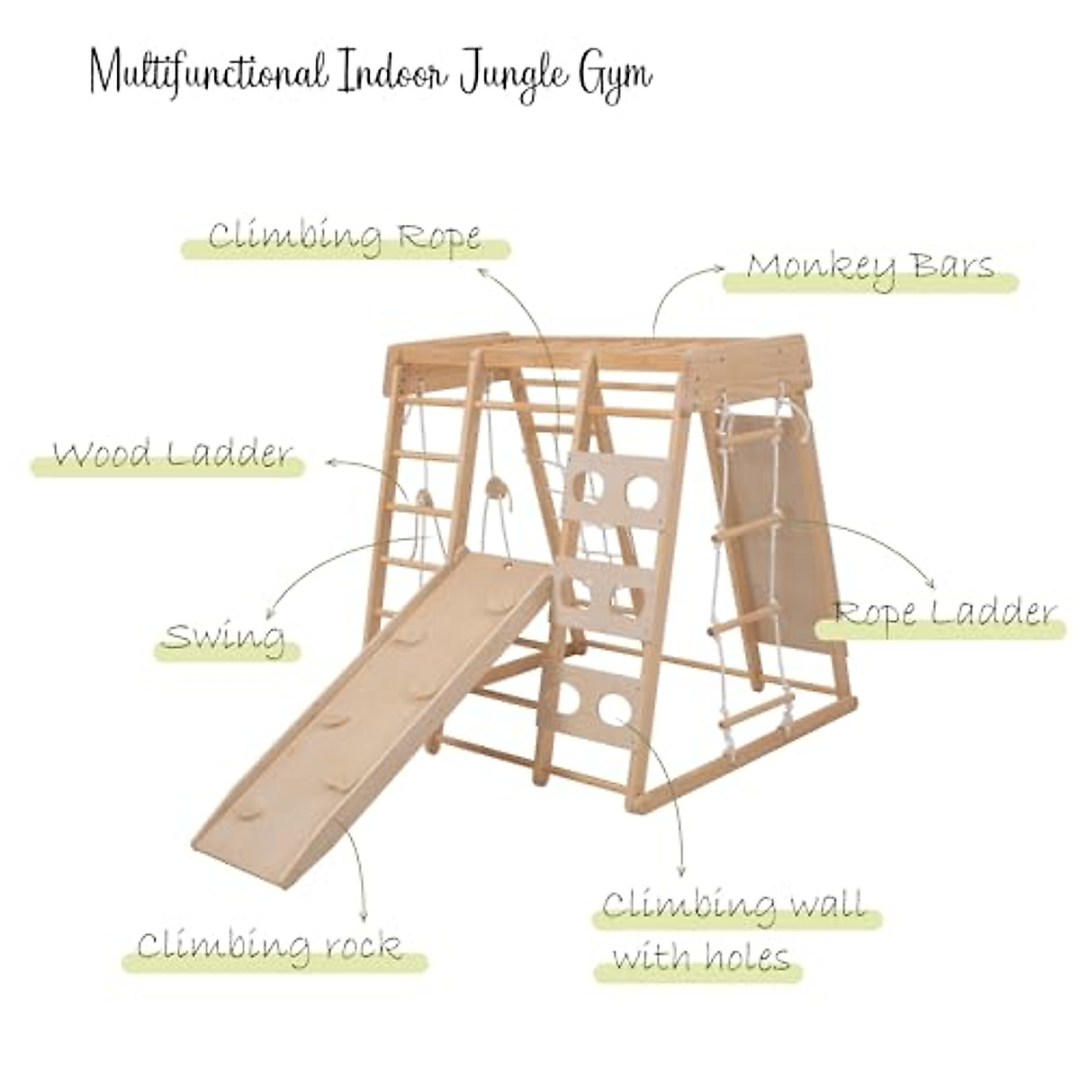 Giant bean Medium Size Indoor Playground Jungle Gym for 2-5yrs Kids, Toddlers Climber Toys 8-in-1 with Slide, Rock Climb Wall, Monkey Bars, Wood & Rope Ladder, Climbing Rope & Wall and Swing