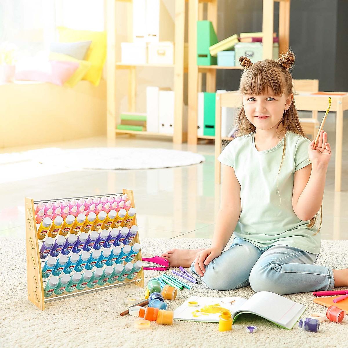 Acrylic Paint Organizer Rack for 60 Bottles, 5 Tiers Bamboo Craft Hobby Paint Holder Storage Paint Rack Display Stand, Pigment Organizer Holder Ink Bottle Stands for Miniature Paint Set