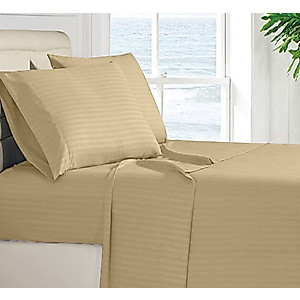 BeKind Online 600 Thread Count Olympic Queen Size Striped Sheet Set 100% Egypt Cotton 600 Thread-Count Hotel Quality Sateen Finish 8-Inches Deep Pockets Cotton Soft Egyptian Sheet - Taupe Stripe