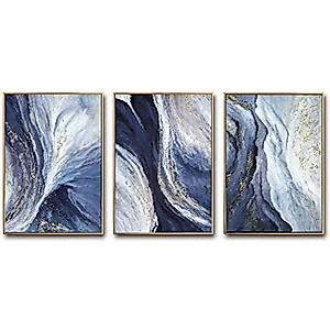 Large Framed Abstract Canvas Wall Art for Living Room-3 Pieces Navy Blue and Gold Abstract Print For Bedroom -Modern Wall Decor Picture Home Decoration Kitchen 28x60 inches