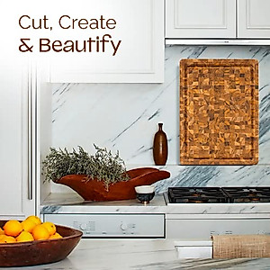 Yes4All Solid Teak Cutting Boards for Kitchen, [20''L x 15''W x 1.5” Thick] Large End Grain Butcher Block Cutting Board, Food Safe Surface Wood Cutting Boards with Juice Grooves and Easy Grip Handle