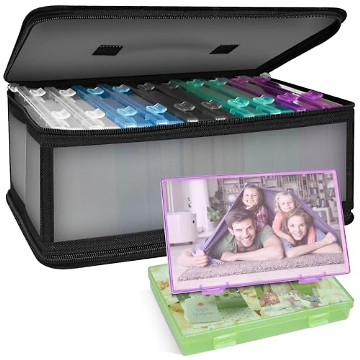 Bluedale Photo Storage Box with Zipper, 10 Inner 4 x 6 Photo Cases Hold 1000 Pictures, Waterproof Photo Organizer Containers, Scrapbook Keeper with Handle for Seed, Picture, Craft Storage