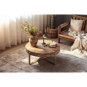 DS-HOMEPORT Round Wood Coffee Table for Living Room, Mid Century Modern Farmhouse Round Coffee Table with Gold Metal Legs, 32.28" D x 32.28" W x 13.19" H