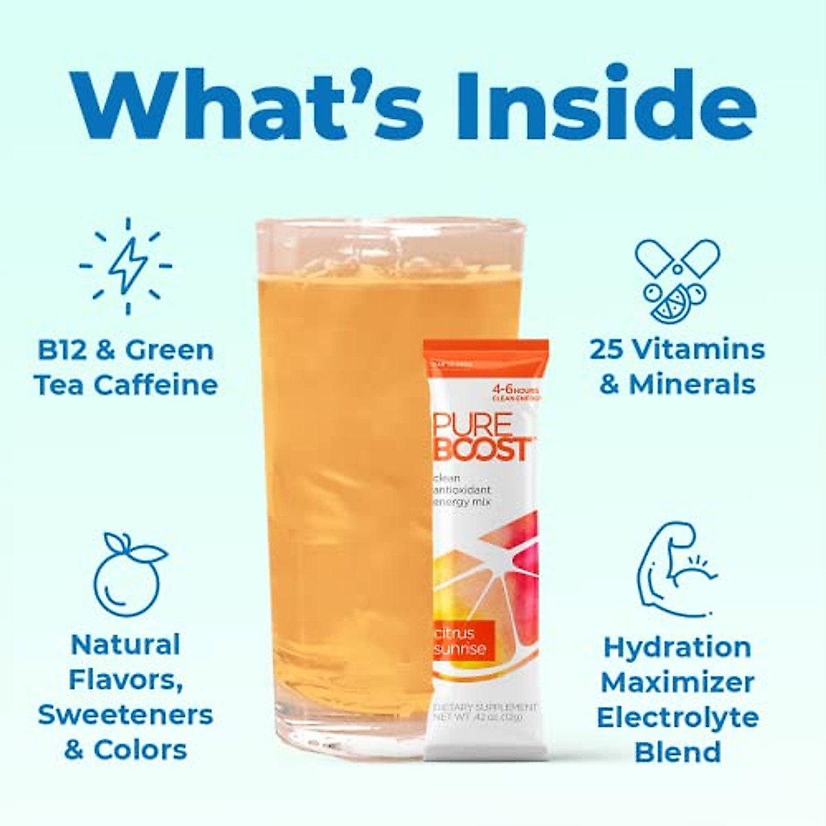 Pureboost Clean Energy Drink Mix + Immune System Support. Sugar-Free Energy with B12, Multivitamins, Antioxidants, Electrolytes (Combo Pack, 30 Stick Packs)