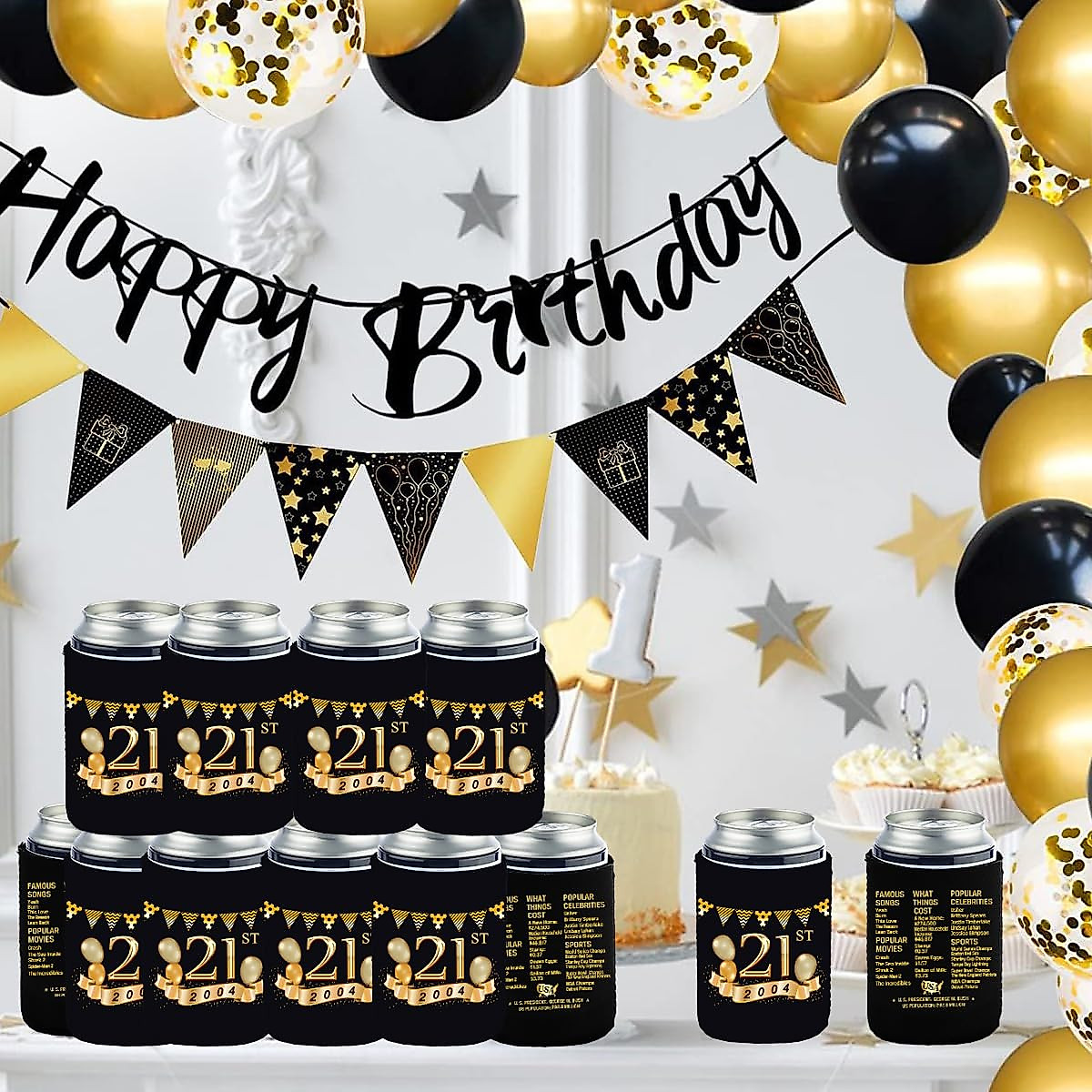 21st Birthday Can Cooler Sleeves Pack of 12- 21st Anniversary Decorations- 2002 Sign - 21st Birthday Party Supplies - Black and Gold the Twenty-First Birthday Cup Coolers