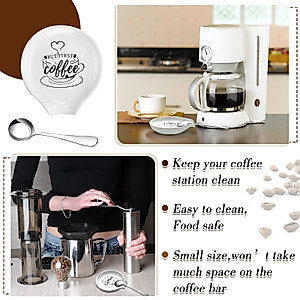 Gandeer 4 Pieces Coffee Spoon Rest and Spoon Funny Coffee Quote Ceramic Coffee Spoon Holder Rests for Coffee Station Decor Stove Top Countertop Kitchen Accessories Nice Present for Coffee Lovers