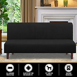 PrinceDeco Stretch Armless Futon Cover Futon Slipcover Full Queen Size Futon Couch Cover Futon Sofa Cover Futon Bed Cover Furniture Protector with Elastic Bottom, Checked Pattern Jacquard, Black
