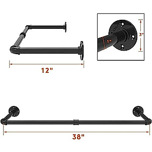 MY RUSTIC Industrial Pipe Clothing Rack, Rustic Pipe Hanging Rod for Closet Storage, Wall Mounted Multi Purpose Hanging Rod (Black, 38 Inch) (2P)
