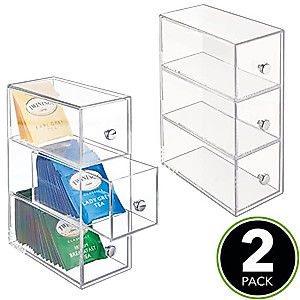 mDesign Plastic Kitchen Pantry Stackable Storage Organizer Container Station with 3 Drawers for Cabinet, Countertop, Holds Coffee, Tea, Sugar Packets, Creamers - Lumiere Collection - 2 Pack - Clear