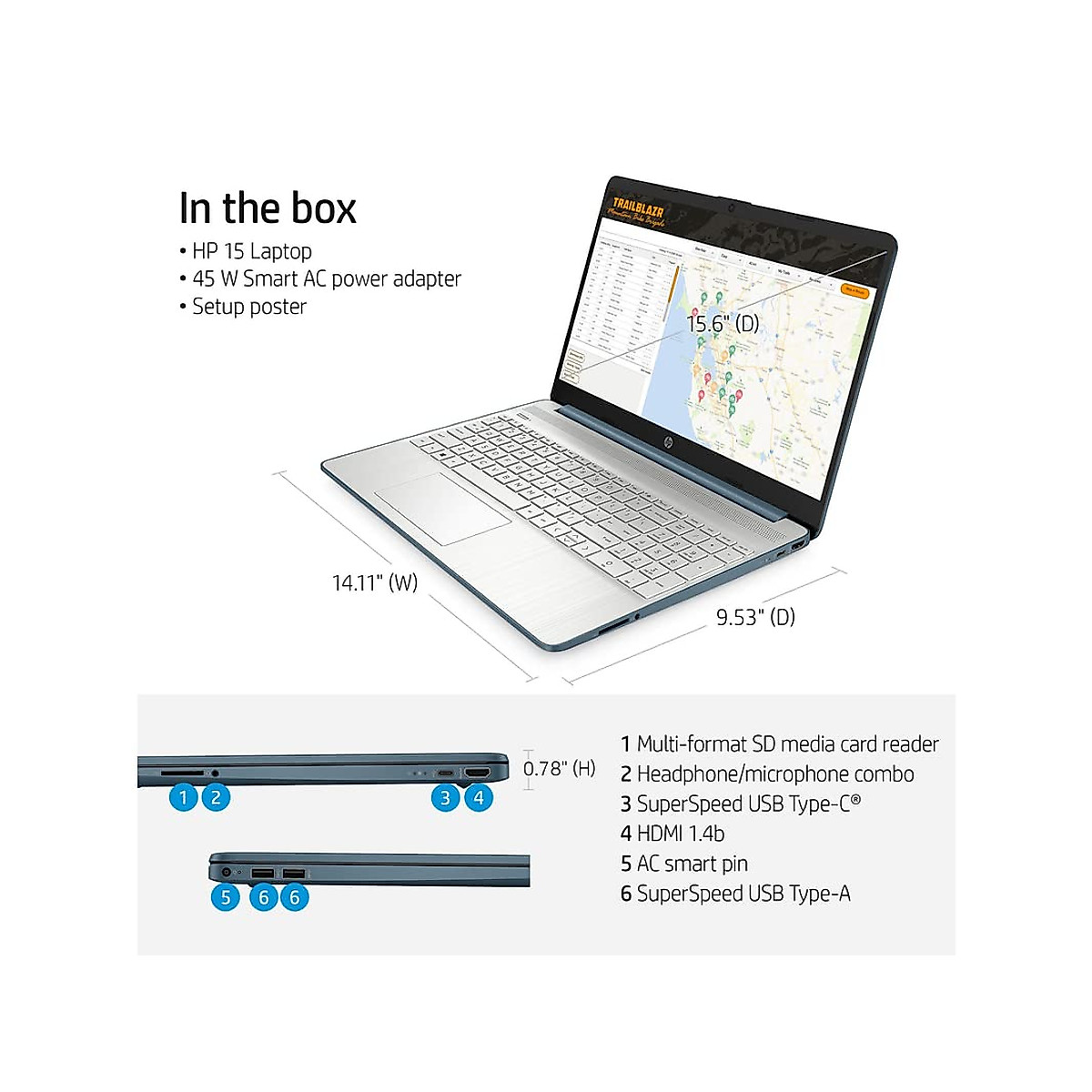 HP 2022 15.6" FHD Laptop Computer, AMD Ryzen 5-5500U Processor(Beats Intel i7-1065G7), 8GB RAM, 256GB PCIe SSD, AMD Radeon Graphics, HD Webcam, Bluetooth, Wi-fi, Win 11, Blue, 32GB USB Card