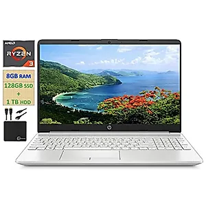 2021 HP Flagship 15.6” HD Laptop Computer, AMD Ryzen 3 3250U up to 3.5GHz (Beat Intel i5-7200U), 8GB RAM, 128GB SSD+1TB HDD, HD Webcam, Remote Work,WiFi, Bluetooth 4.2, HDMI, Win10 S, w/Marxsol Cables