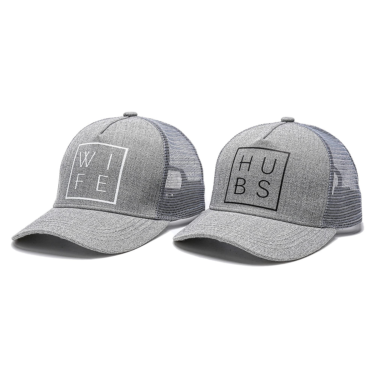 Heather Gray Hubs and Wife Trucker Hats Set of 2 Engagement Gifts for Couples Honeymoon Essentials/Outfits Baseball Caps Mr and Mrs Snapback Bride and Groom Gifts His and Hers Hats Wedding Gifts