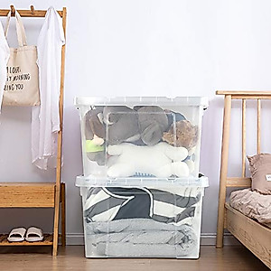 Sandmovie 40 Quart Clear Large Plastic Storage Bin, Latching Storage Box with Lids and Wheels, Pack of 4