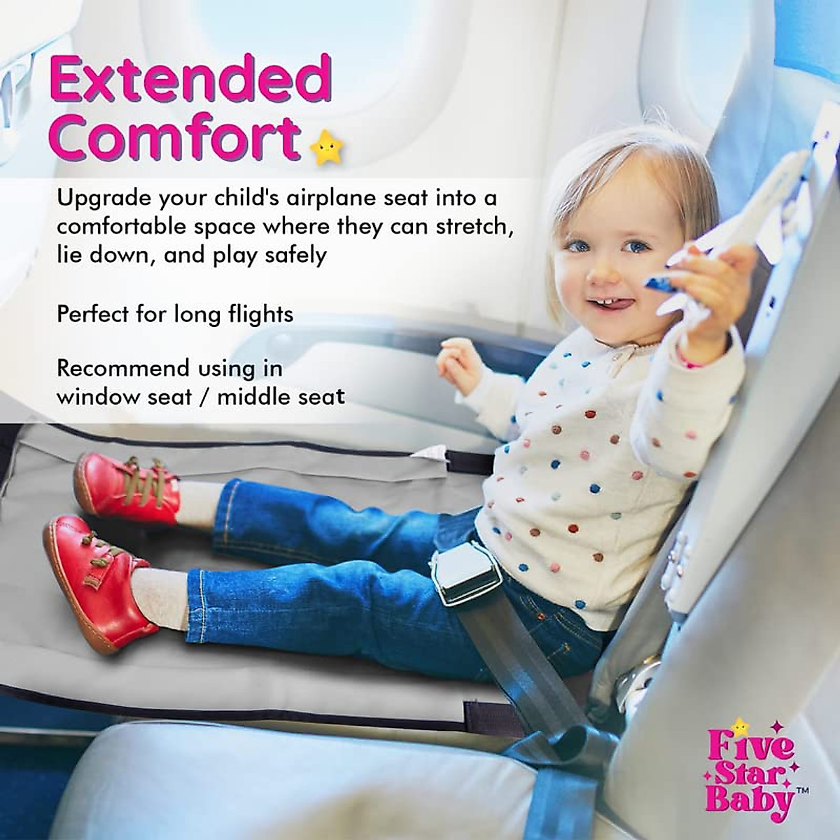 FiveStarBaby Toddler Airplane Bed for Toddler - Airplane Toddler Bed - Kids Airplane Bed - Baby Plane Travel Essentials - Airplane Seat Extender for Kids - Airplane Must Haves for Toddlers (Grey)