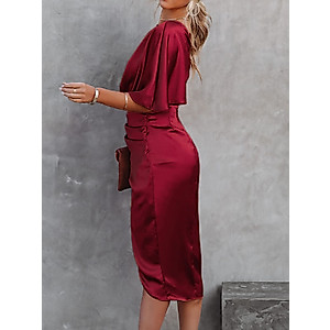 CUPSHE Women Satin Cocktail Party Dress Backless One Shoulder Flared Sleeves Tea Length Anomalistic Hem Solid Bodycon Dress with Zipper Burgundy Red M