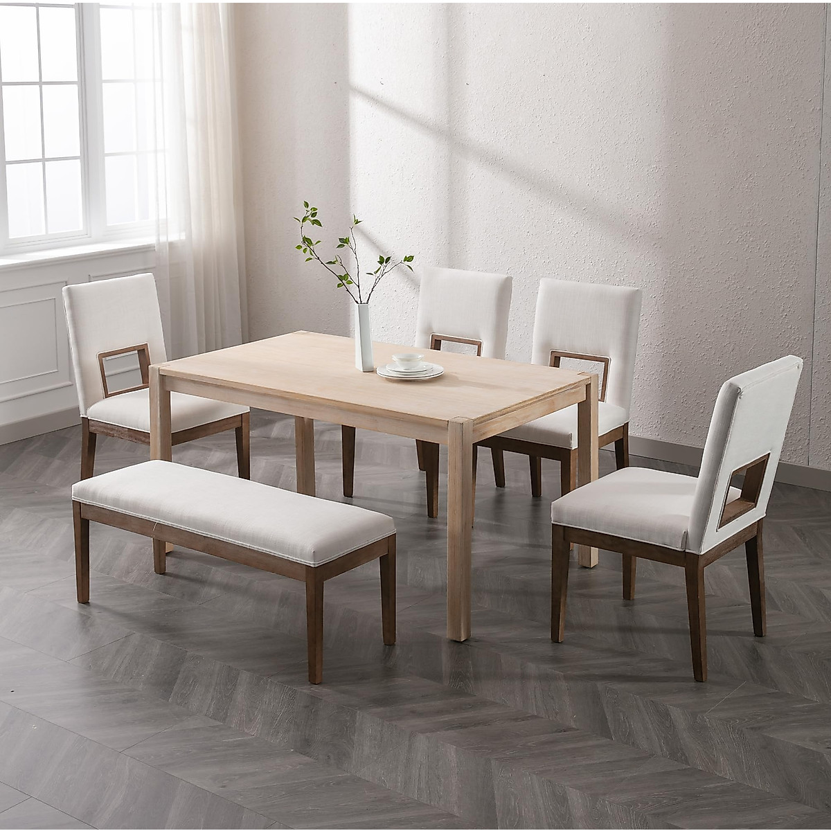 DM Furniture Linen Dining Bench Upholstered Entryway Bench Farmhouse Shoe Bench Seat Ottoman for Hallway Living Room Bedroom End of Bed Dining Room Kitchen, 45.5" Long, Beige