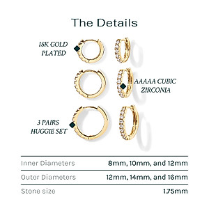 PAVOI 18K Huggie 3 Earring Pack (8mm, 10mm and 12mm) (3 Pack Huggies, Yellow Gold)