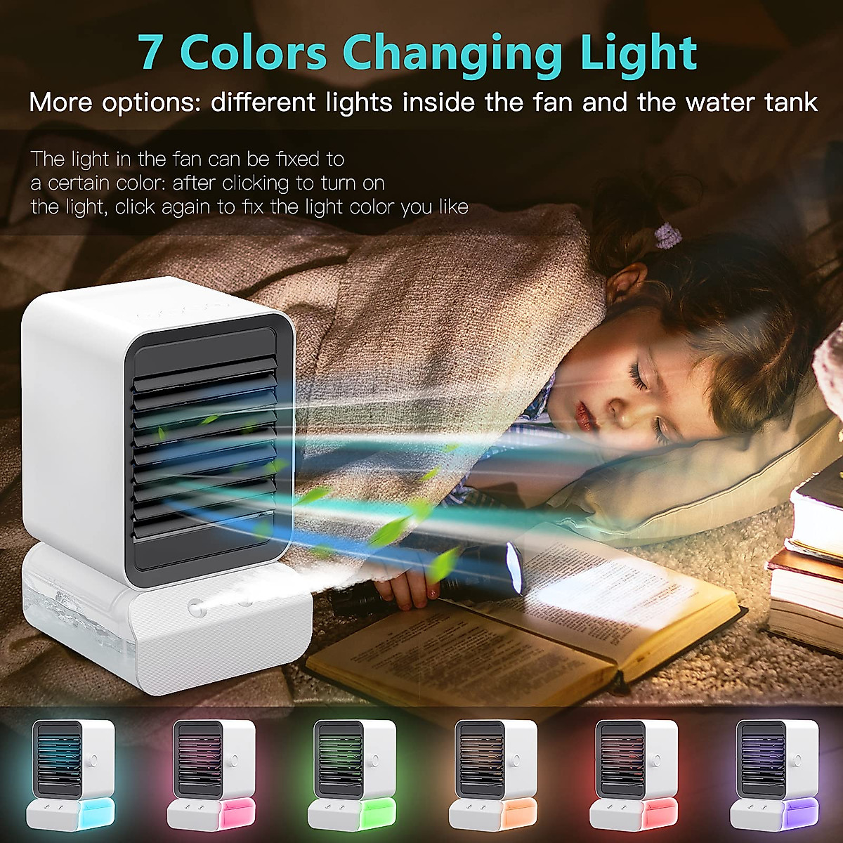 ZEBRE Portable Air Conditioner Fan, Personal Air Cooler, Evaporative Air Cooler Purifier Misting Fan with 7 Colors LED Lights & 3 Speeds for Home Room Office