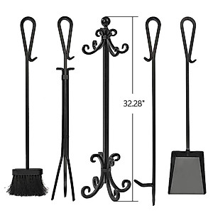 AMAGABELI GARDEN & HOME 5 Pieces Fireplace Tools Set Black Cast Wrought Iron Tool Set with Log Holder Fire Set Stand Scroll Rustic Antique Accessories Set