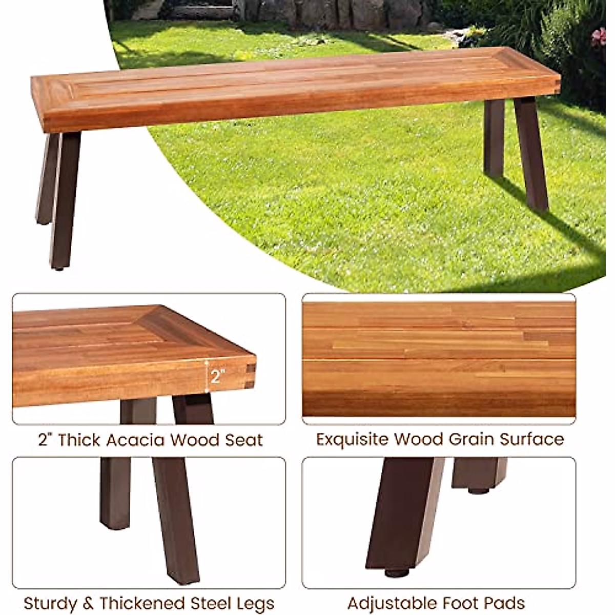 Tangkula Outdoor Acacia Wood Bench, Patio Dining Bench Picnic Bench with Steel Legs, Wooden Bench for Porch Garden Poolside Living Room Balcony, Ideal for Indoor & Outdoor Use (1, Teak)