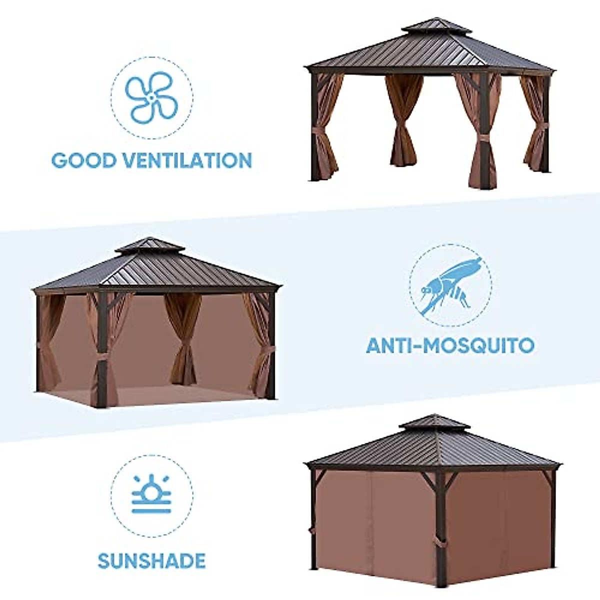 EMKK 12x12FT Hardtop Gazebo, Patic Gazebo Wooden Coated Hardtop Frame Canopy with Galvanized Steel Double Roof, Outdoor Permanent Metal Pavilion with Curtains and Netting for Deck,Garden, Backyard