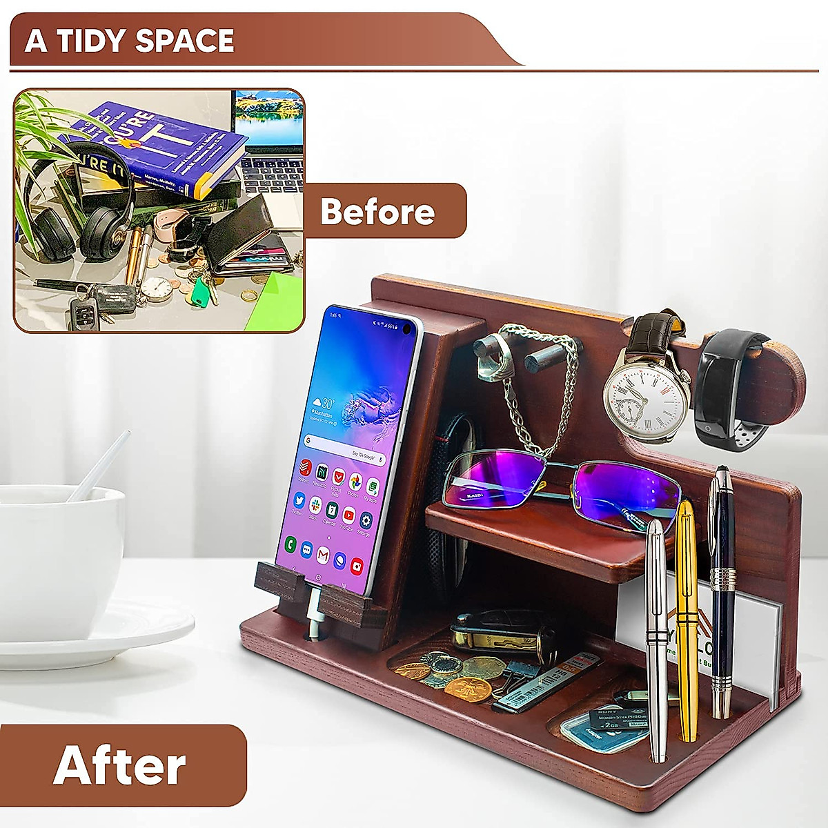 Wood Phone Docking Station Gifts for Men Him Husband Dad Boyfriend - Stylish Nightstand Organizer for Men Wooden Bedside Watch Stand Wallet Desk Organizer (Brown)