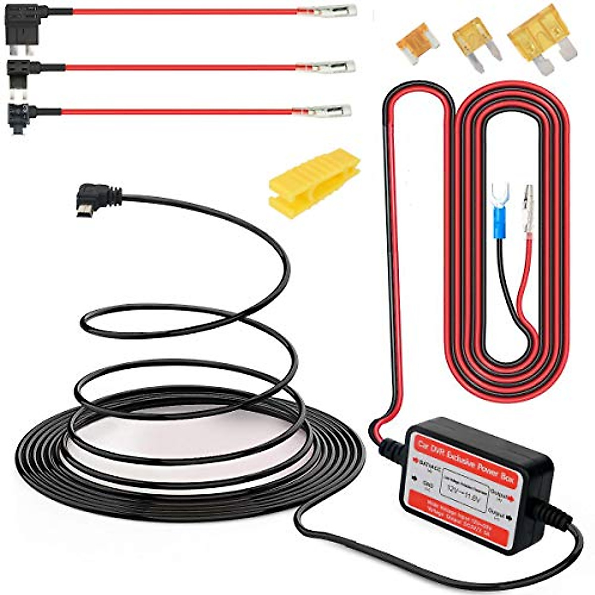 Gebildet Dash Cam Hardwire Kit Mini USB,10ft 12V-24V to 5V Low Voltage Protection ACN/ACS/ACU Add a Circuit Fuse Holders (Right Angle Mini USB+Fuse kit)