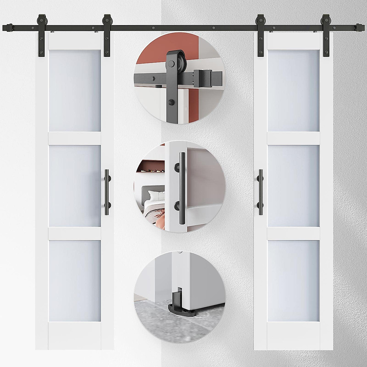 EaseLife 42in x 84in (Double 21in×84in Door) Glass Barn Door with 7FT Sliding Double Door Hardware Kit Included & Handle,Solid MDF Inside Covered with Water-Proof PVC Surface,3-Panel Glass,White