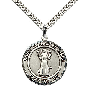 F A Dumont Sterling Silver St. Francis of Assisi Pendant with 24" Stainless Steel Heavy Curb Chain. Patron Saint of Animals/Catholic Action