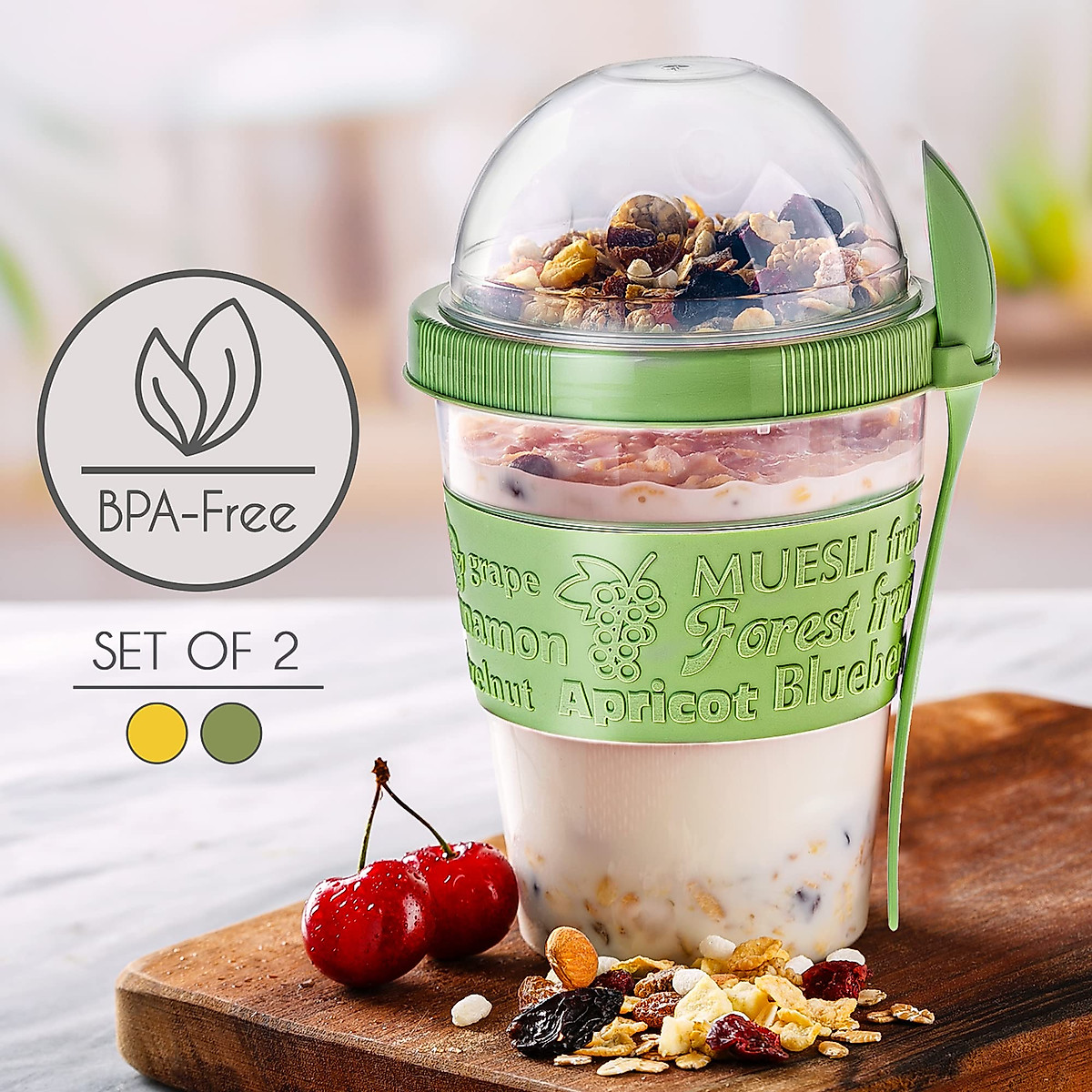 Yogurt Parfait Cups for Breakfast, Oatmeal or Fruit Container, Snack Bowl and Spoon for Lunch Box, Portable & Reusable, 2 PCs (Green & Yellow)